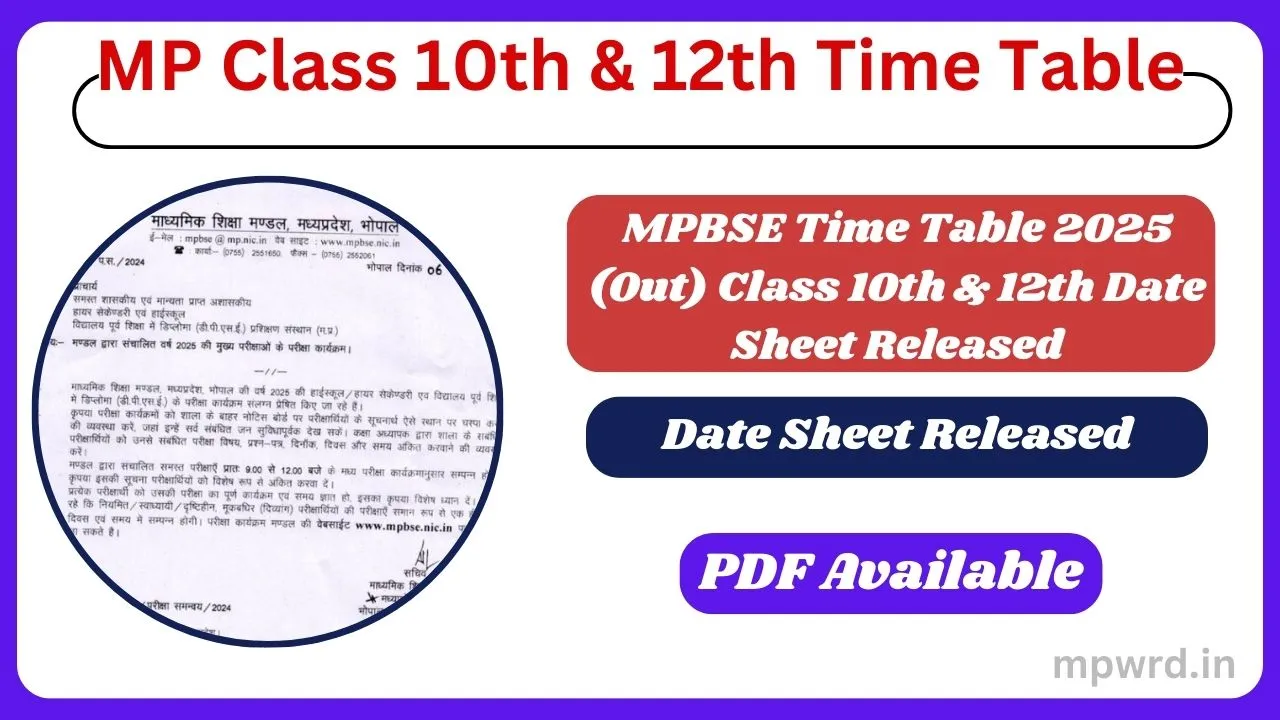 MPBSE Time Table 2025 (Out) Class 10th & 12th Date Sheet Released — MPWRD